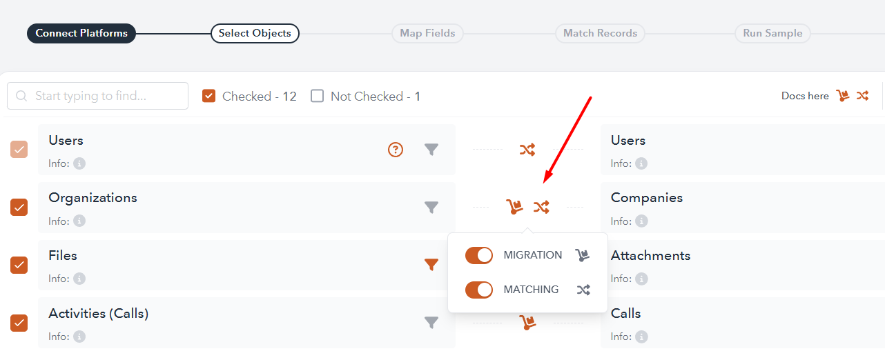 What are the matching and merging options on the Select Objects step?